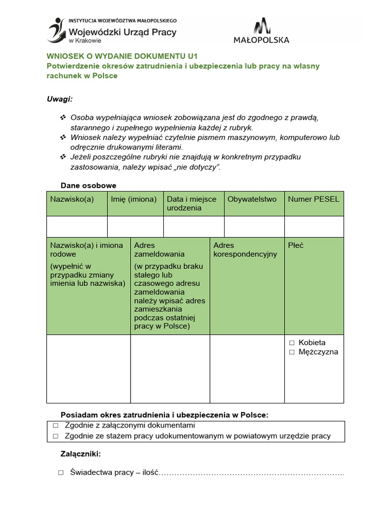 Wniosek o Wydanie Dokumentu U1 | PDF