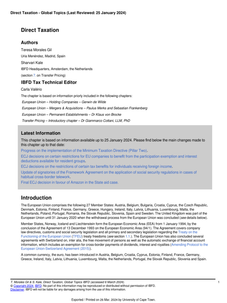 Direct Taxation - IBFD | PDF | Brexit | European Union