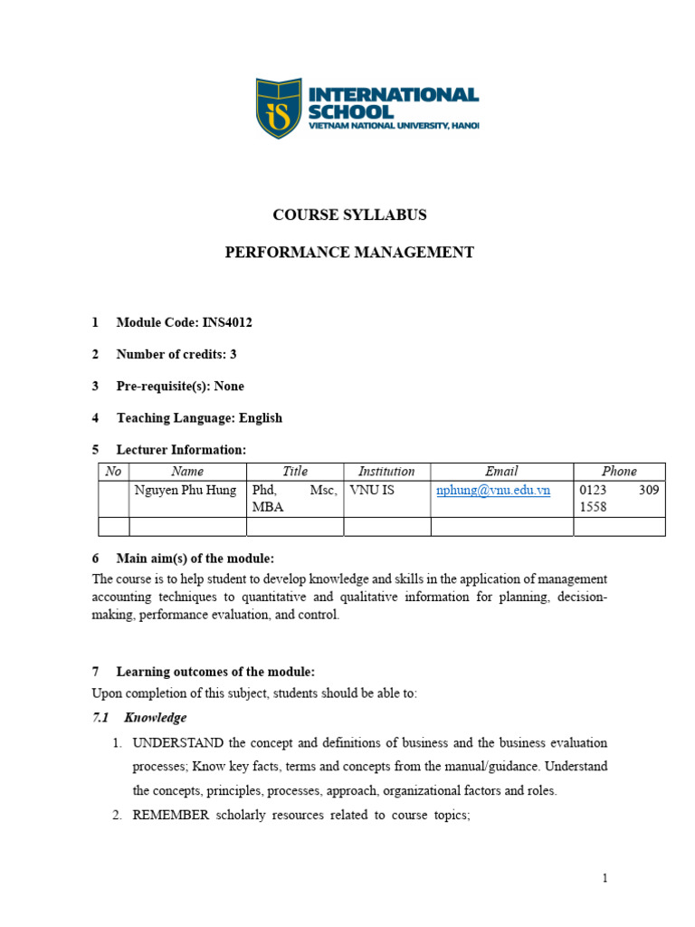 Performance Management Syllabus | PDF | Evaluation | Risk