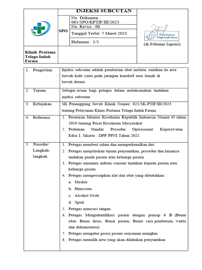 Sop Injeksi Subcutan (SC) | PDF