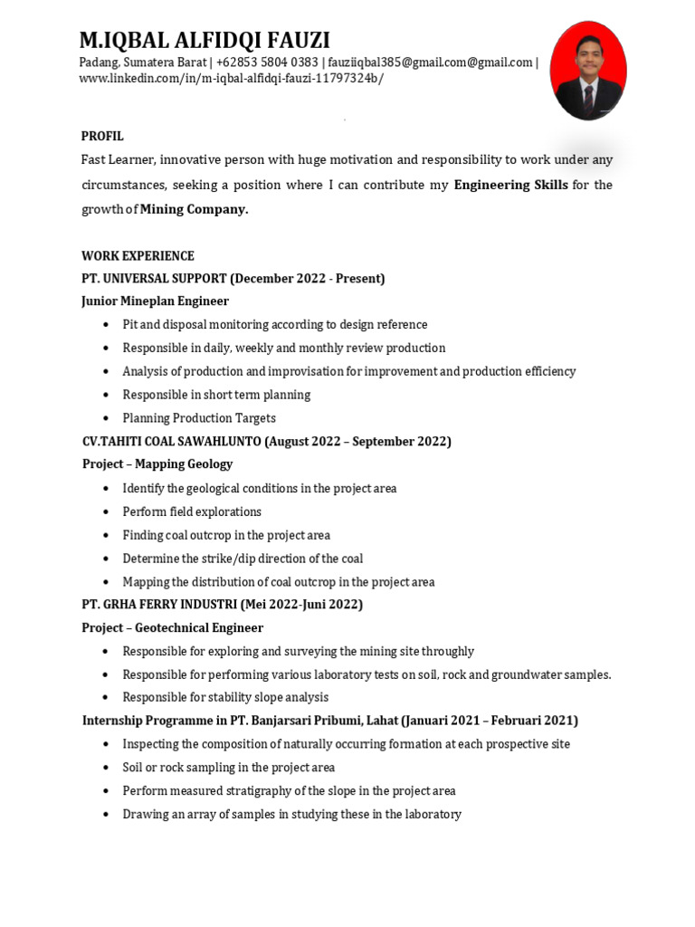 M.Iqbal Alfidqi Fauzi - Curiculum Vitae | PDF | Geotechnical Engineering | Mining