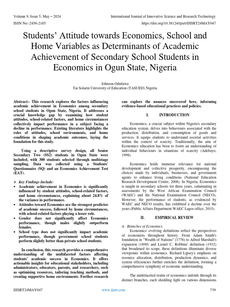 Students' Attitude Towards Economics, School and Home Variables As Determinants of Academic ...