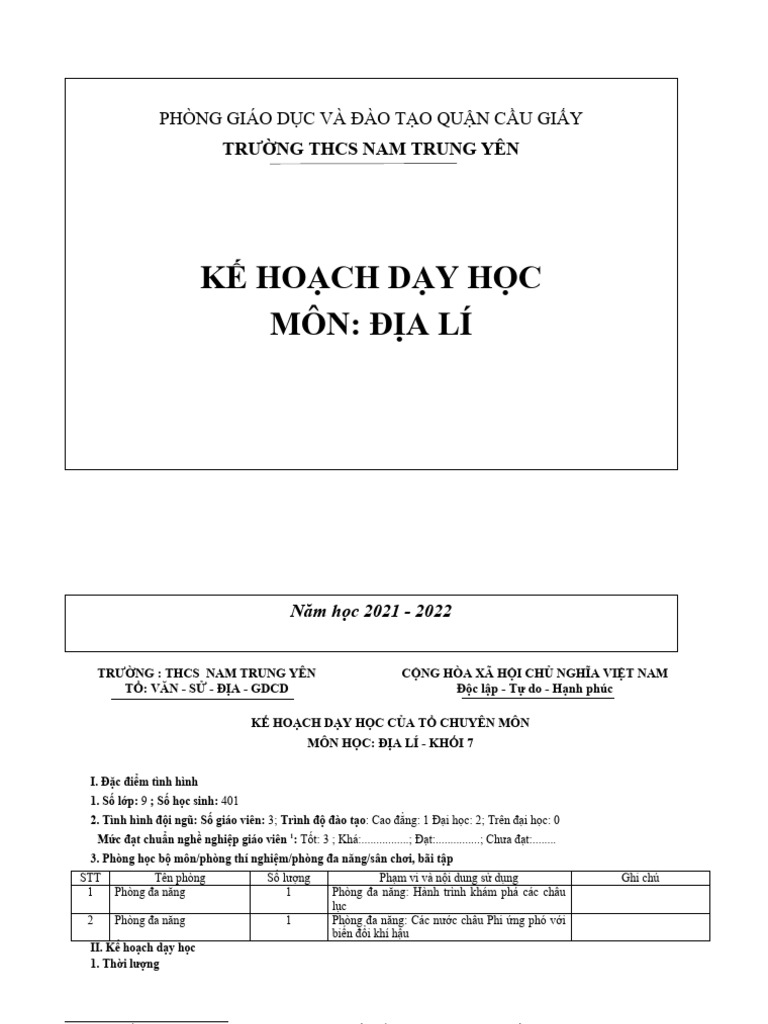 KHDH MÔN ĐỊA LÍ 789 | PDF