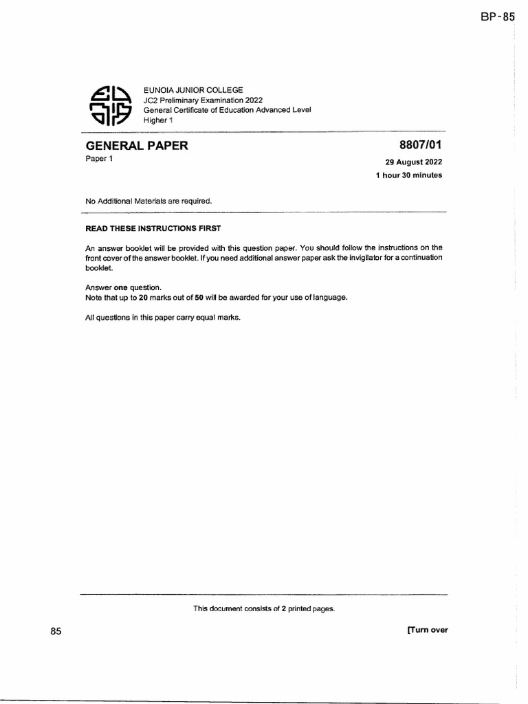 Alevel GP 2022 Prelims Eunoia | PDF