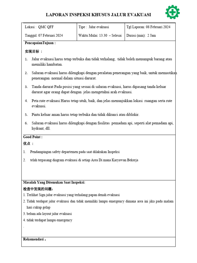 Inspeksi Jalur Evakuasi QMC QFF | PDF