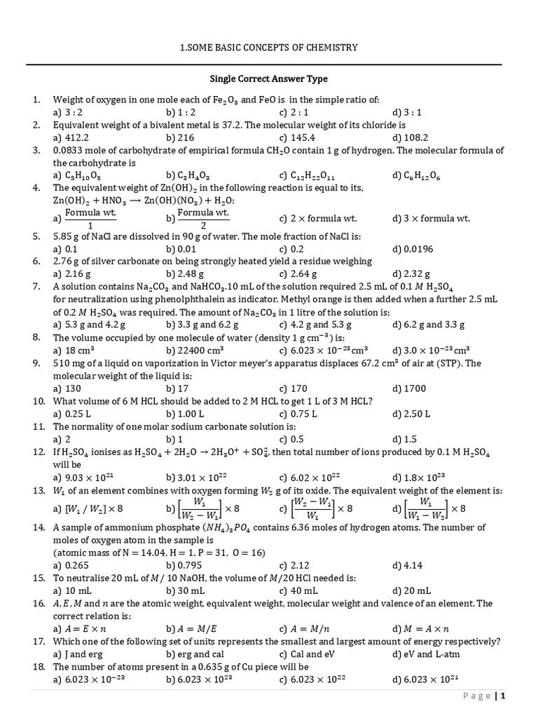 Some Basic Concepts of Chemistry-1 QB | PDF | Mole (Unit) | Molecules