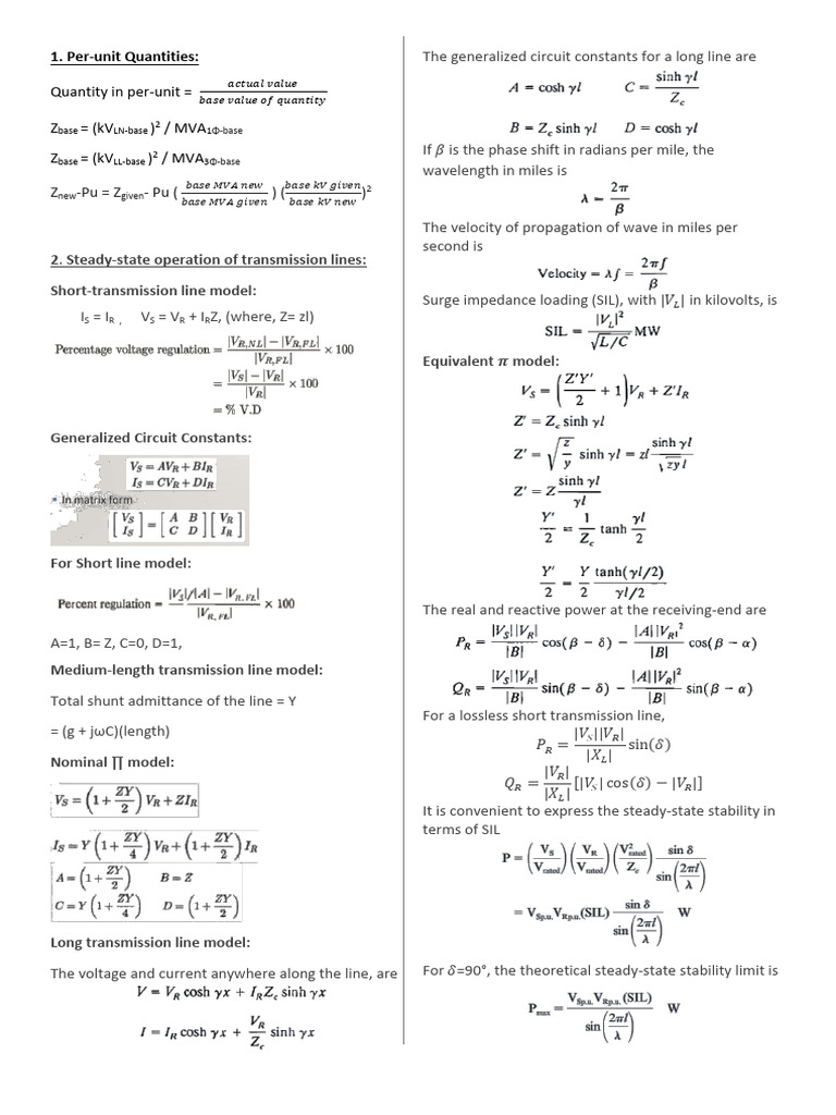 EPS Formula Sheet - FinalTerm | PDF | Transmission Line | Electrical ...