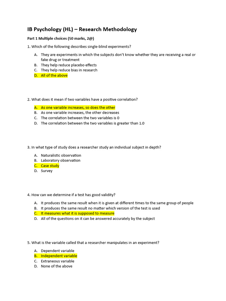 IB Psychology HL: Research Methods Quiz | PDF | Experiment | Validity ...