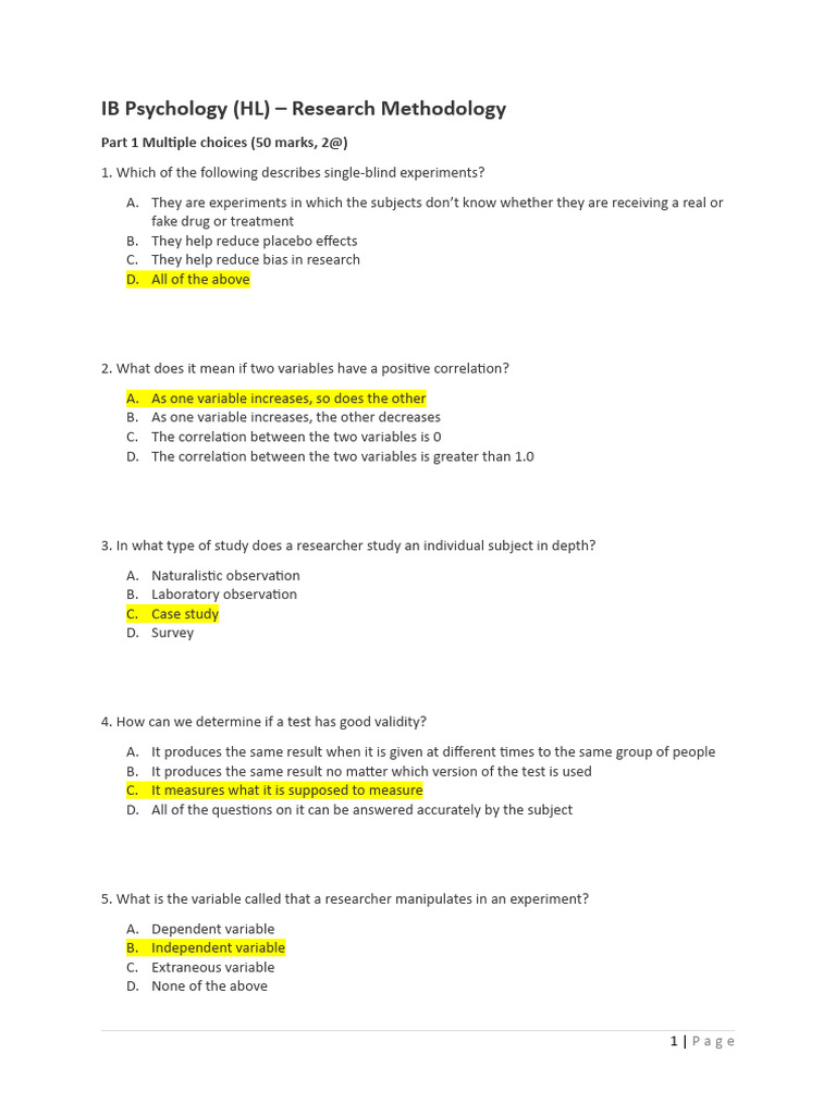 IB Psychology - Research Methodology Answer | PDF | Experiment ...