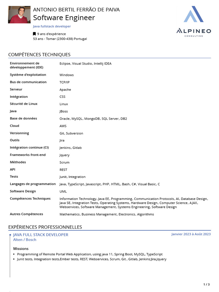 Alpineo Antonio Bertil Ferrao de Paiva Software Engineer | PDF | Java (Programming Language ...