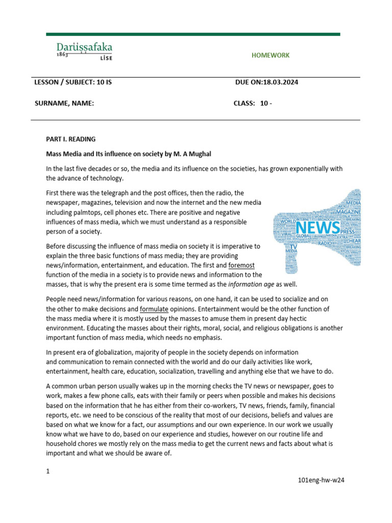 101eng HW w24 Weekend Homework PDF | PDF | Adolescence | Mass Media