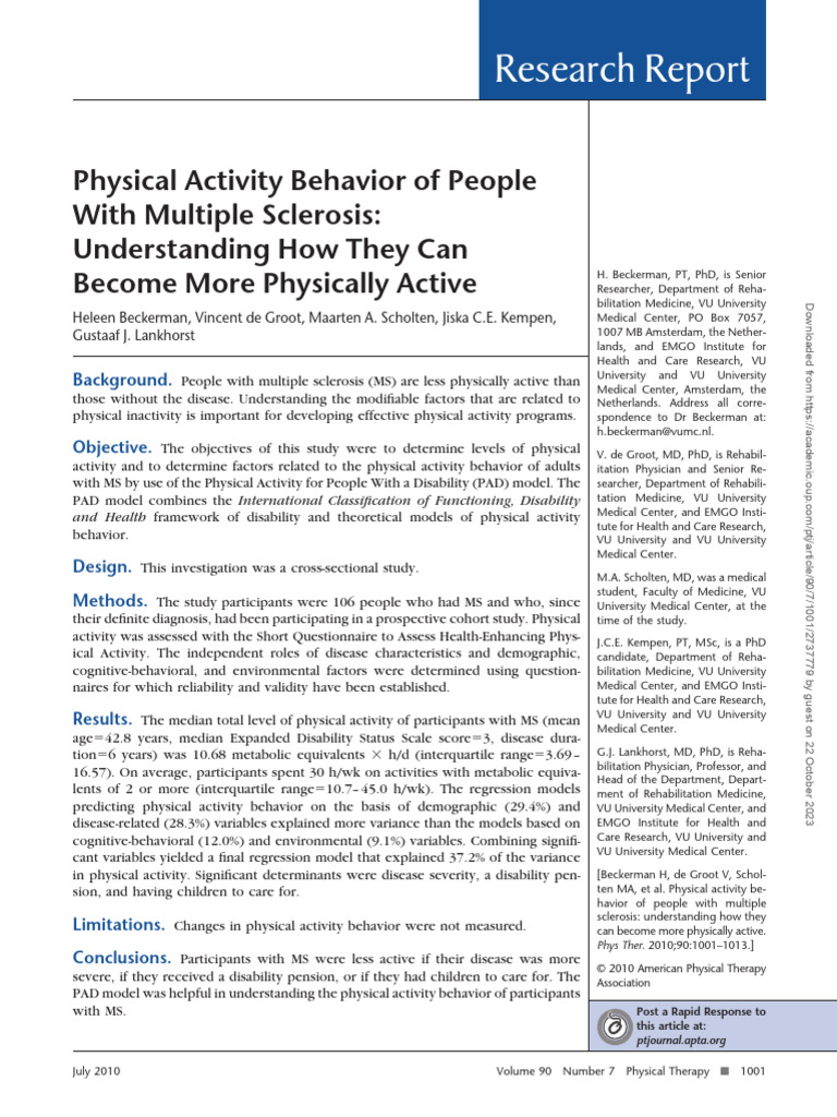 Physical Activity Behavior of People | PDF | Multiple Sclerosis | Self ...