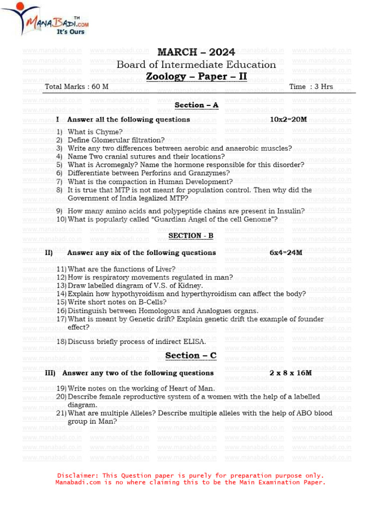 Inter 2nd Year Zoology (English Medium) 2024 Guess Paper | PDF ...