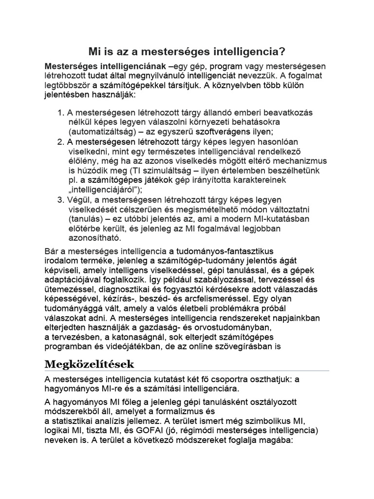 Mi Is Az A Mesterséges Intelligencia | PDF