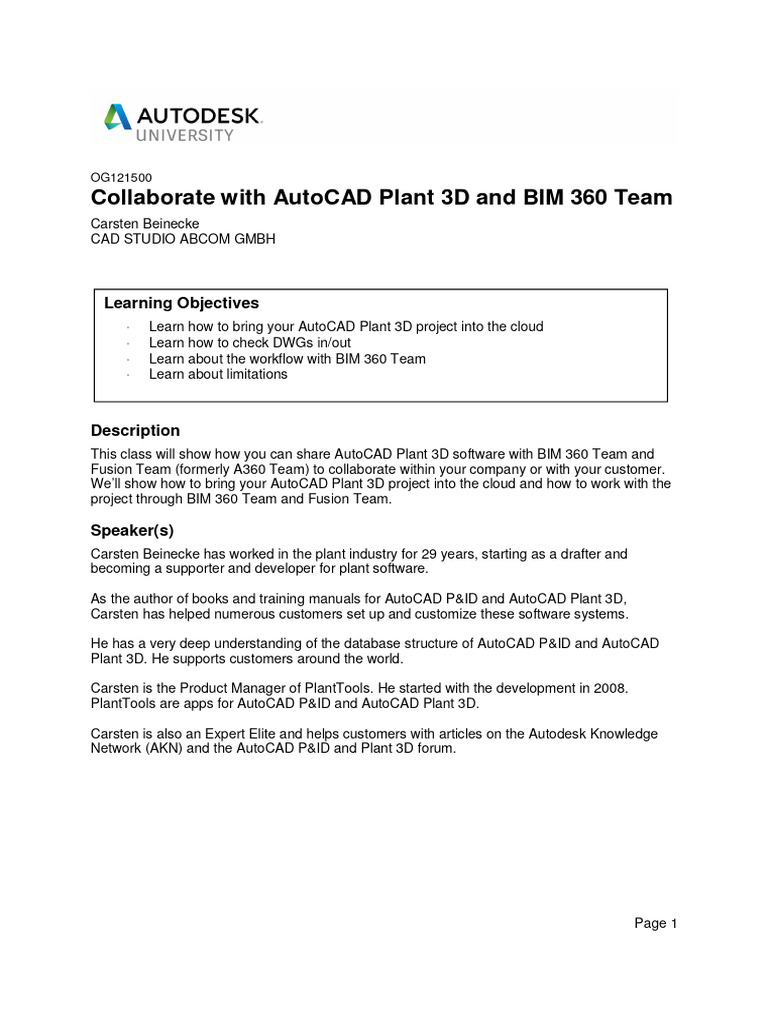 Class Handout OG121500 Collaboratewith Auto CADPlant 3 Dand BIM360 Team ...