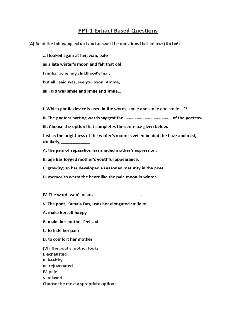 PPT-1 Extract Based Questions (2024-25) | PDF | Poetry