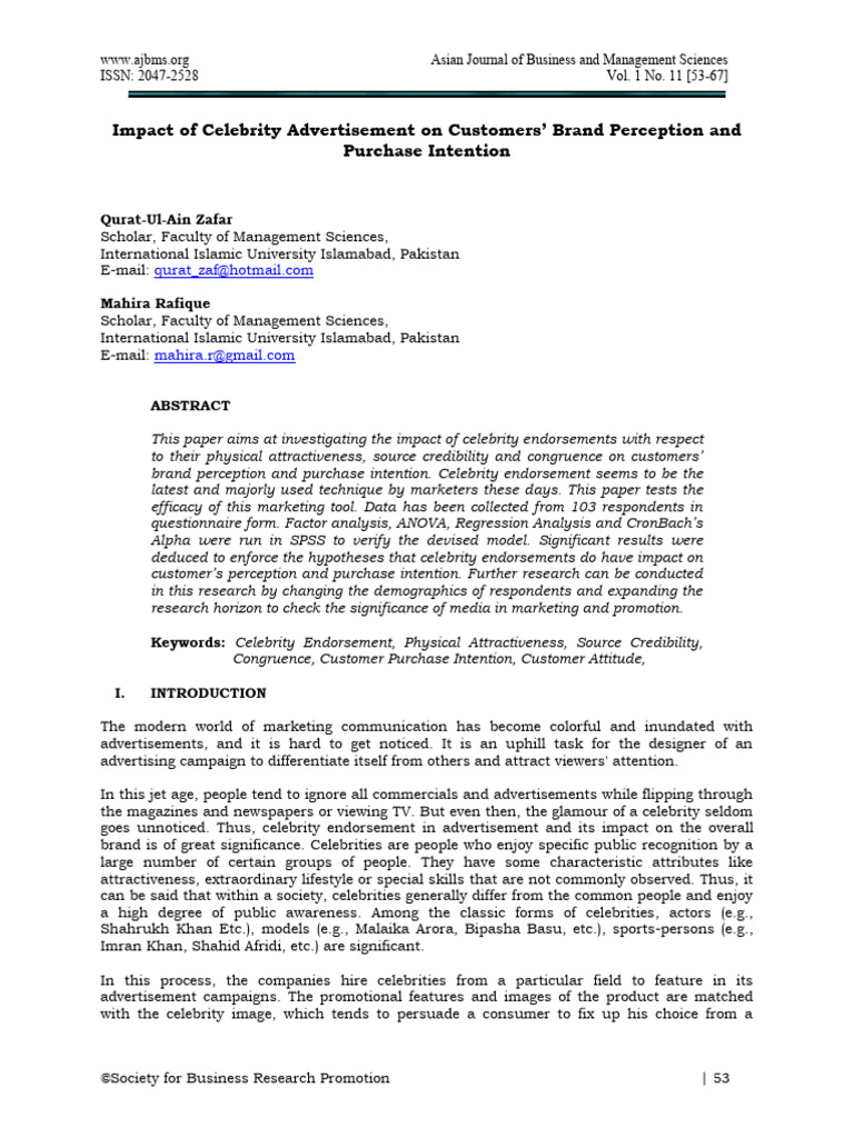 Impact of Celebrity Advertisement on Customers’ Brand Perception and ...