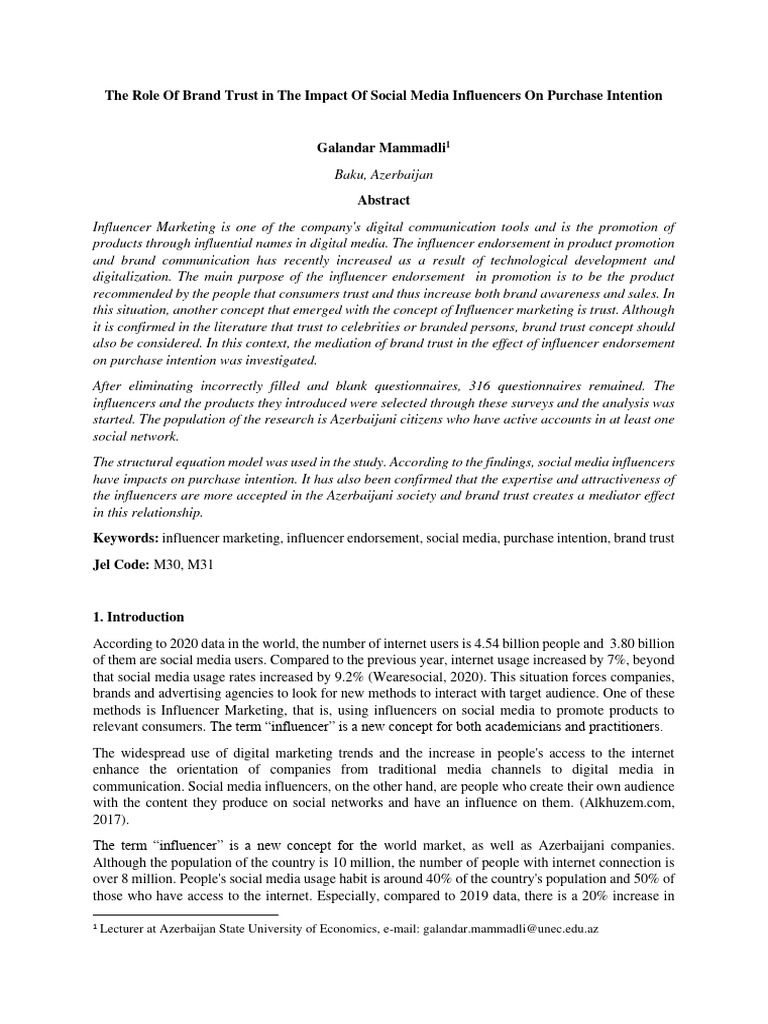 The Role of Brand Trust in The Impact of Social Media Influencers On Purchase Intention | PDF ...