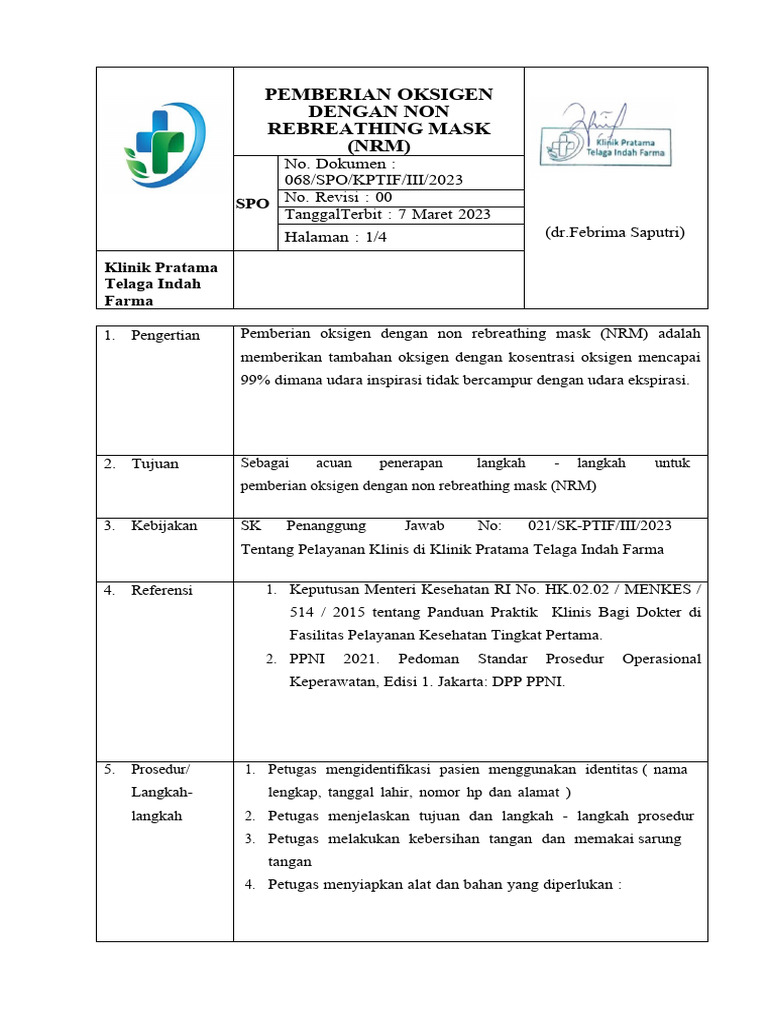 SOP PEMBERIAN OKSIGEN DENGAN NRM | PDF