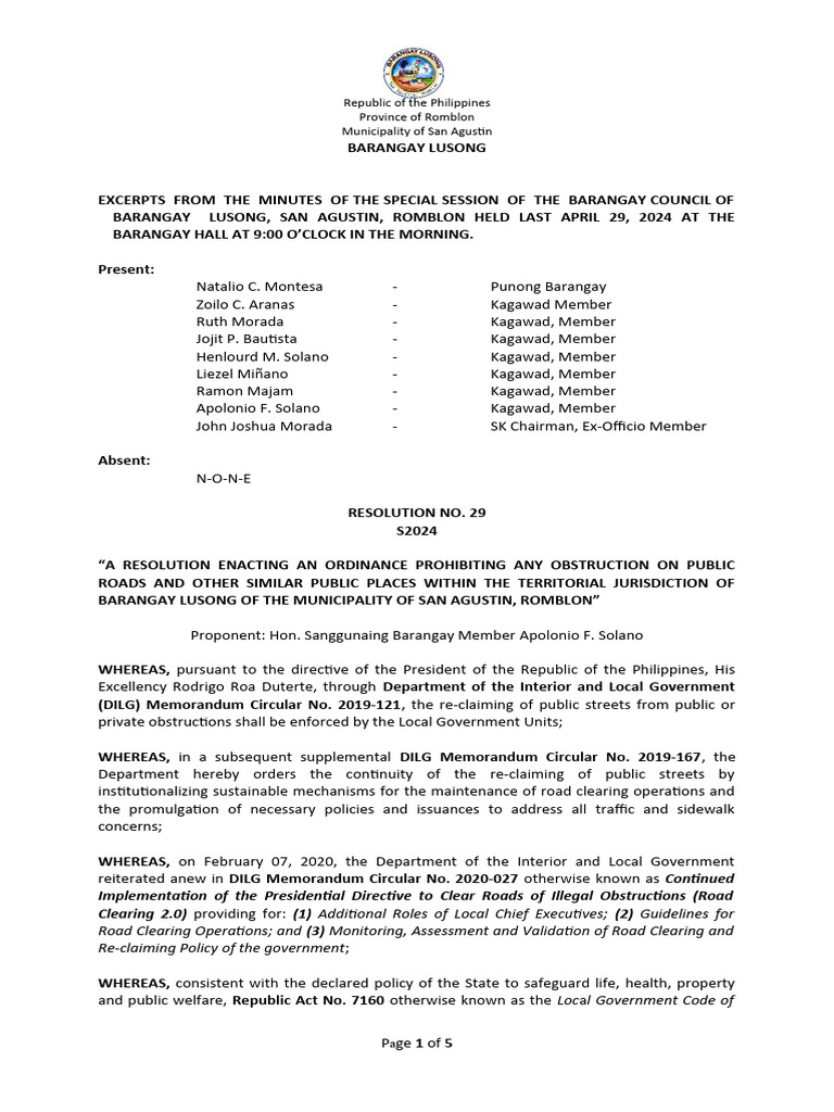 Road Clearing Barangay Level 1 | PDF | Road | Traffic