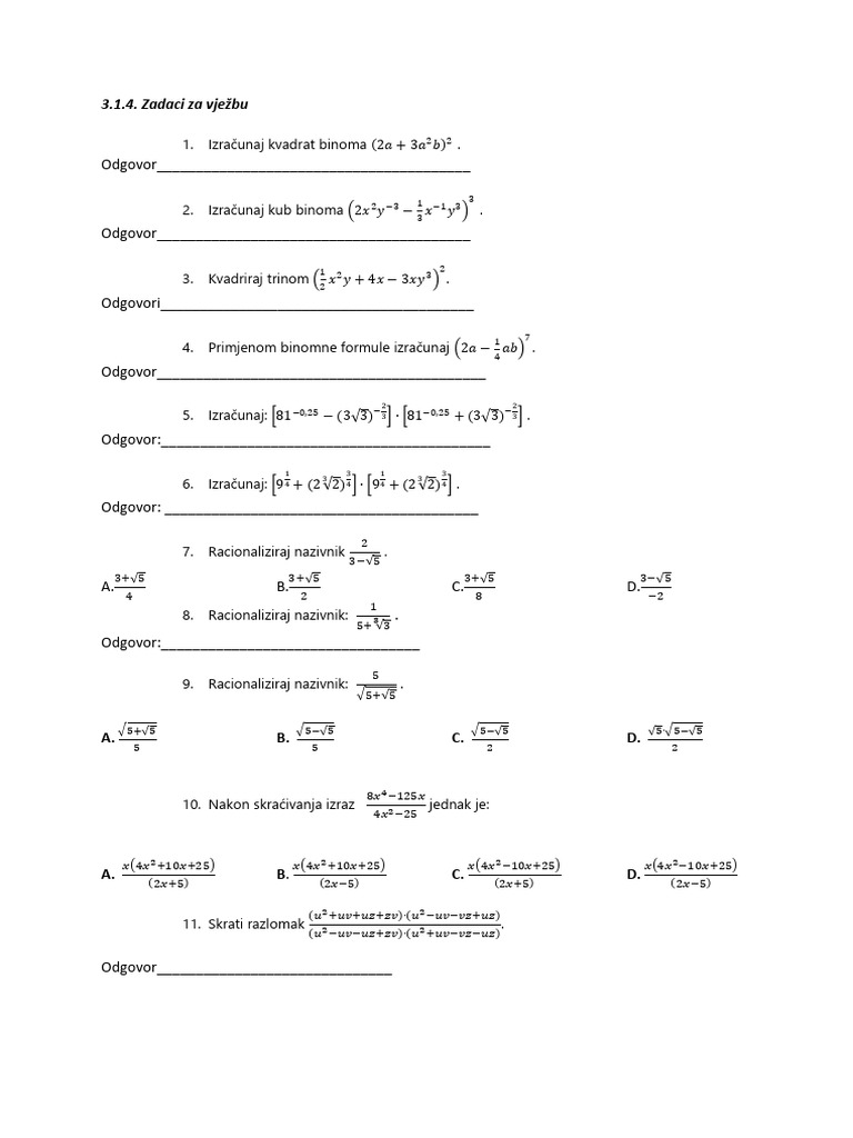 Dodatni Zadatci - Algebarski Izrazi I Algebarski Razlomci | PDF