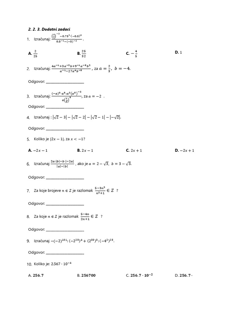 Dodatni Zadaci - Elementarno Računanje | PDF