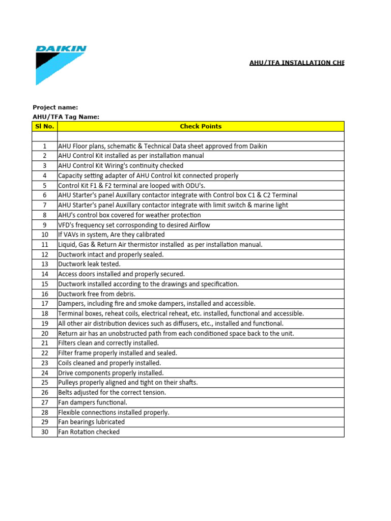 AHU TFA Check List & Air Balancing Sheet | PDF | Duct (Flow) | Electrical Engineering