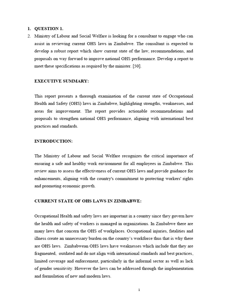 Final MOHS 502 Assignment (OHS) Laws in Zimbabwe, Highlighting Strengths, Weaknesses, and Areas ...