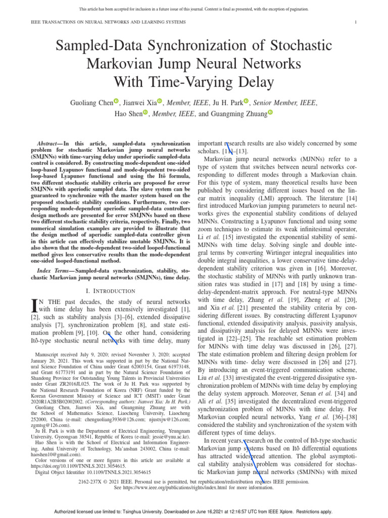 Sampled-Data Synchronization of Stochastic Markovian Jump Neural Networks With Time-Varying ...