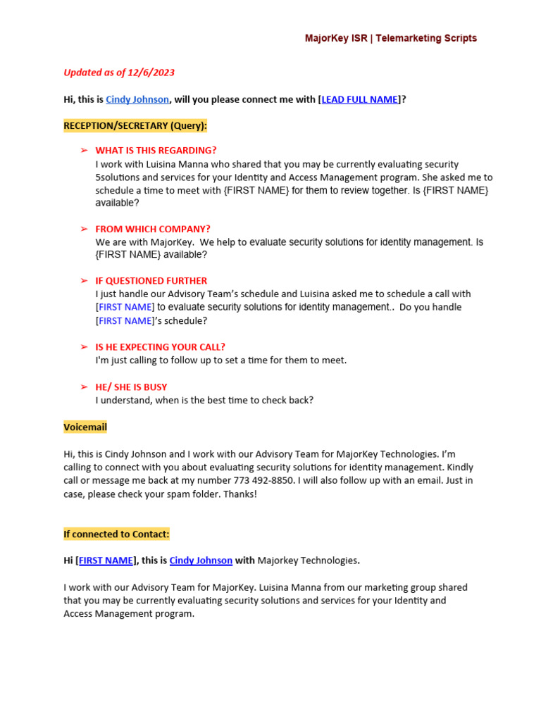 MajorKey ISR - Telemarketing Scripts | PDF | Cyberspace | Internet