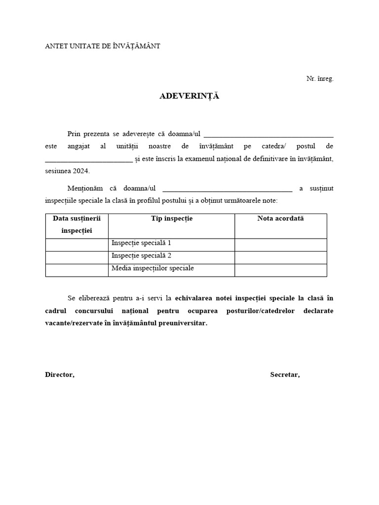 Adeverinta Note Inspectii Definitivat | PDF