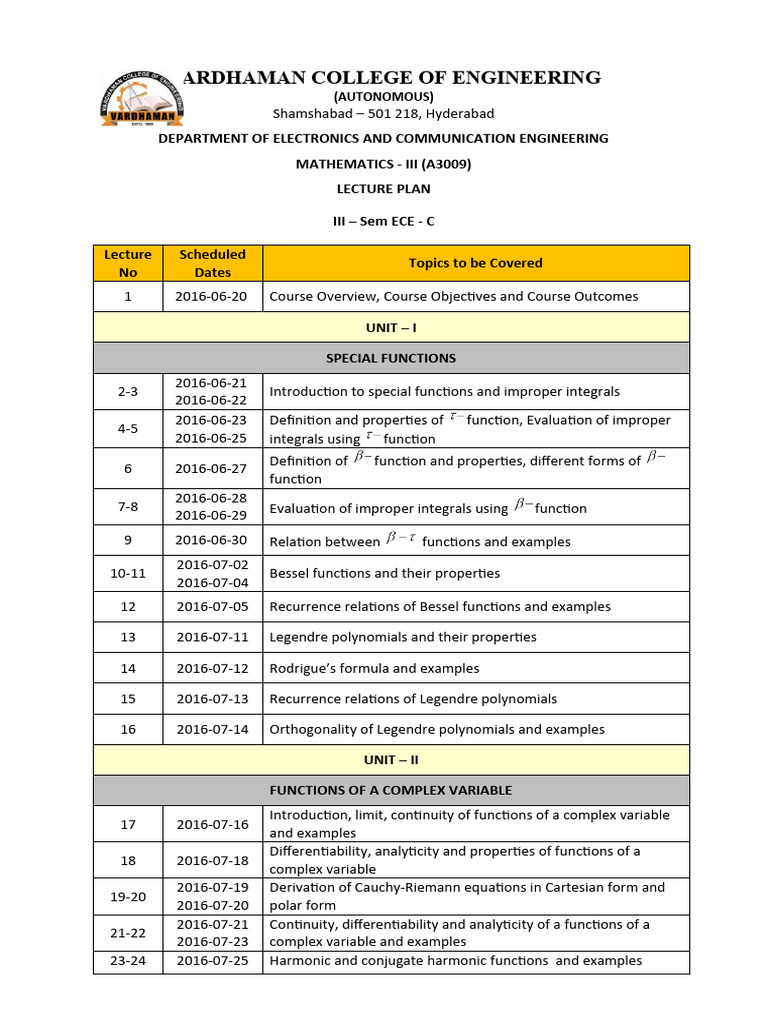 M-III (A3009) Lecture Plan | PDF | Function (Mathematics) | Power Series