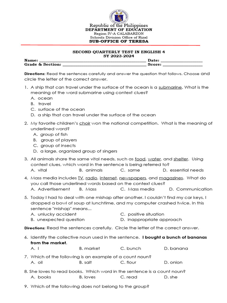 Test in English4 - Q2 - 2023 2024 | PDF | Noun | Verb