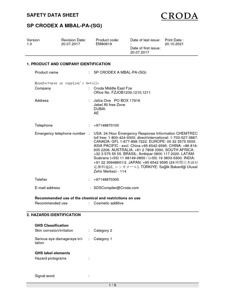 MSDS SP Crodex A Mbal Pa SG | Download Free PDF | Toxicity | Dangerous ...