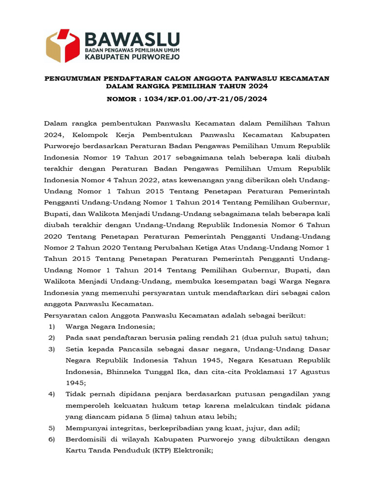 Pengumuman Pendaftaran Calon Anggota Panwaslu Kecamatan Dalam Rangka ... Pengumuman Pendaftaran Calon Anggota Panwaslu Kecamatan Dalam Rangka ...
