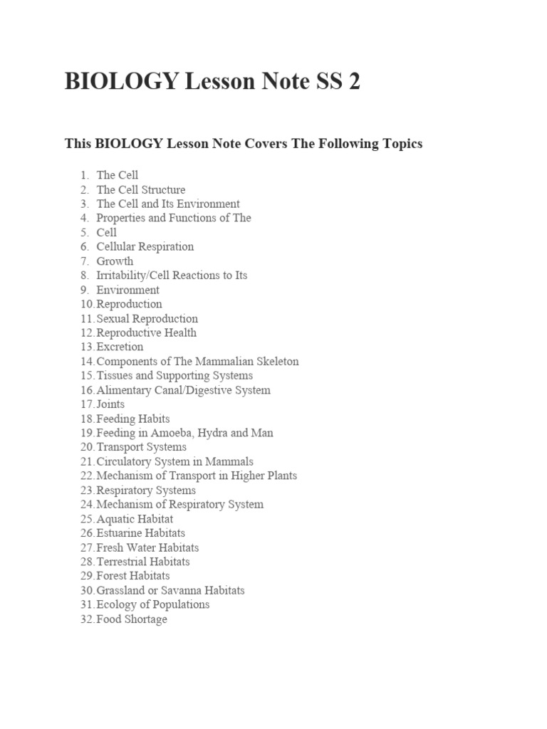 BIOLOGY Lesson Note SS 2 | PDF | Cell (Biology) | Biology