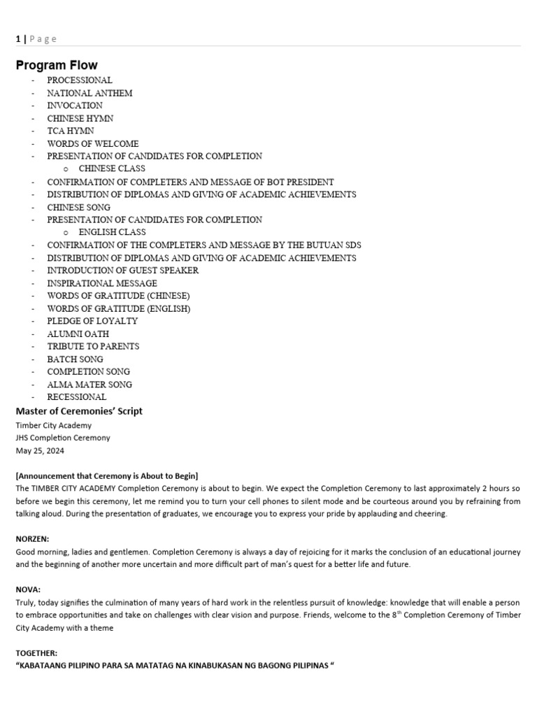 Master of Ceremonies Script 18th Commencement Exercise San Agustin NHS ...