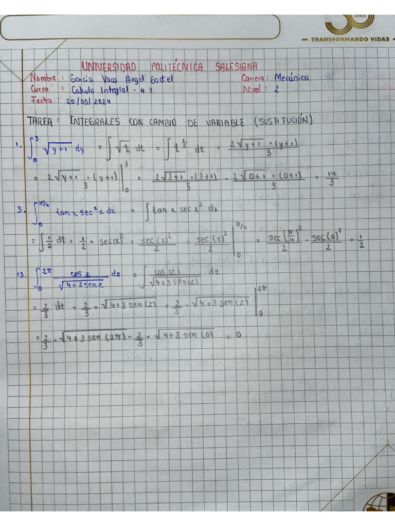 Tarea - Integrales Con Cambio de Variable - Garcia Vaca | PDF