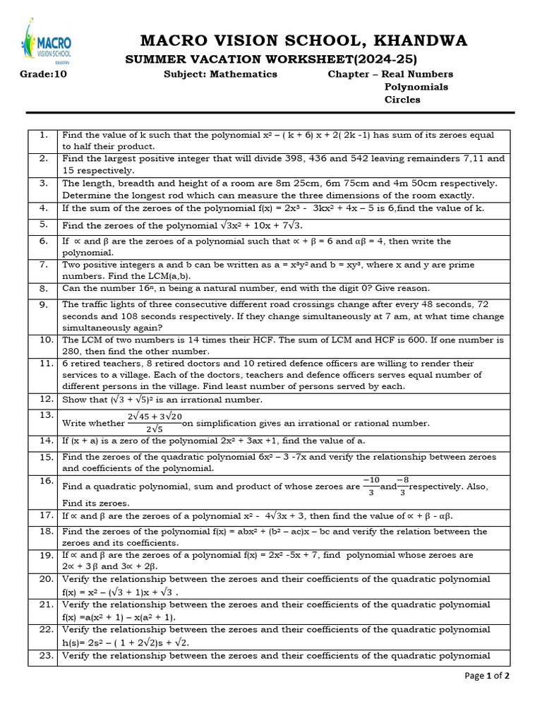 Grade 10 Summer Vacation Worksheet | PDF | Quadratic Equation | Polynomial