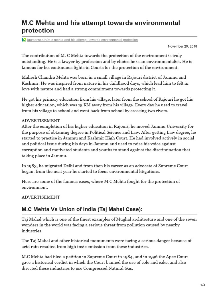 Lawcorner - in-MC Mehta and His Attempt Towards Environmental Protection | PDF | Judgment (Law ...