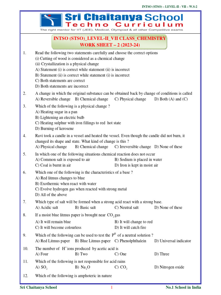Intso - Vii - Overall Syllabus - Worksheet - 2 | PDF | Acid | Chemical ...