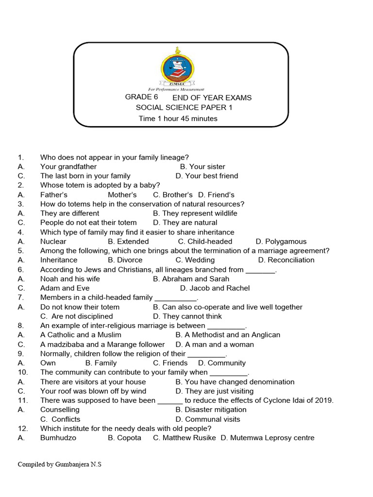 Grade 6 Social Science Exam | PDF | Marriage | Zimbabwe