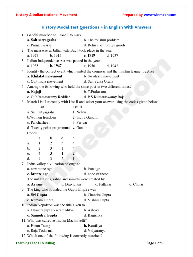 History Model Test Questions 4 in English With Answers | PDF | Indian ...