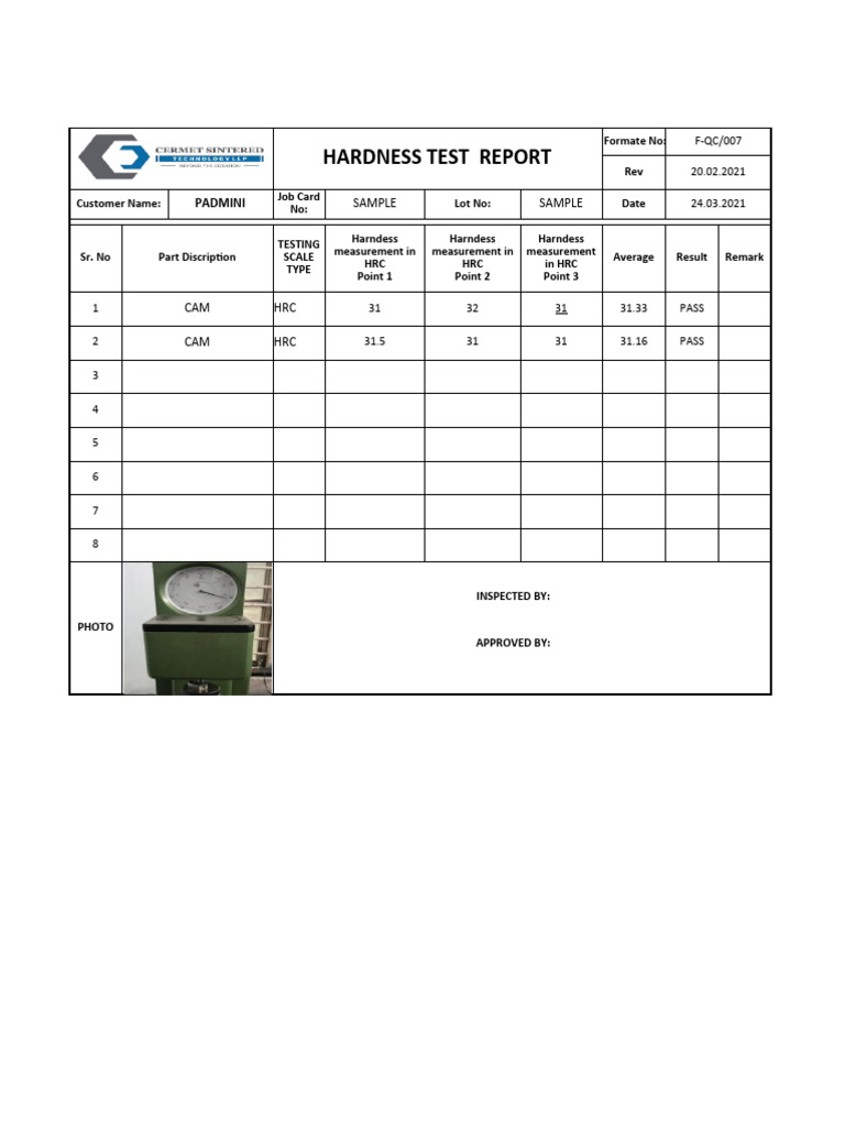 Hardness Test Formate | PDF | Technology & Engineering