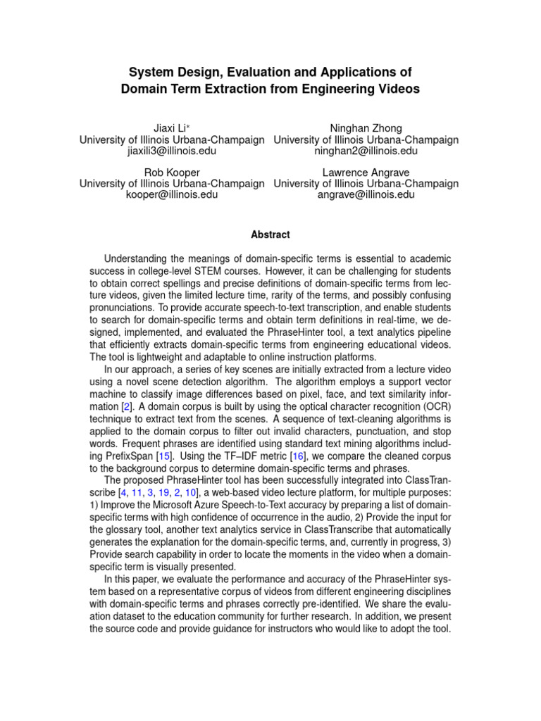 System Design Evaluation and Applications of Domain Term Extraction From Engineering Videos ...