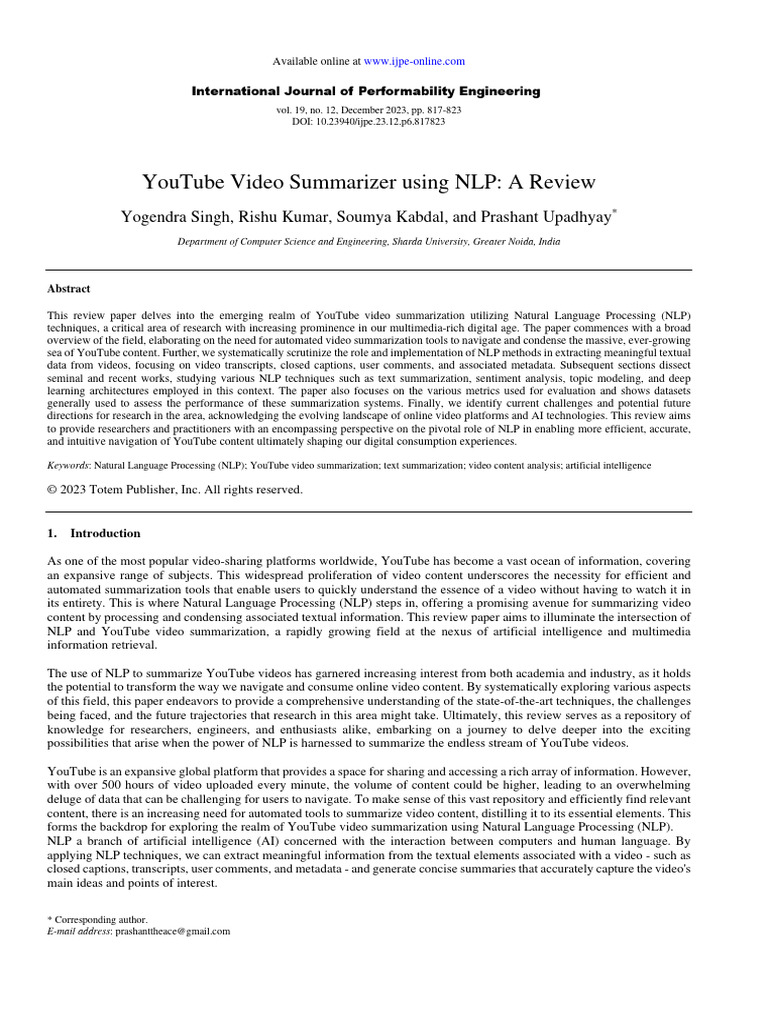 YouTube Video Summarizer Using NLP - A Review | PDF | Information | Artificial Intelligence