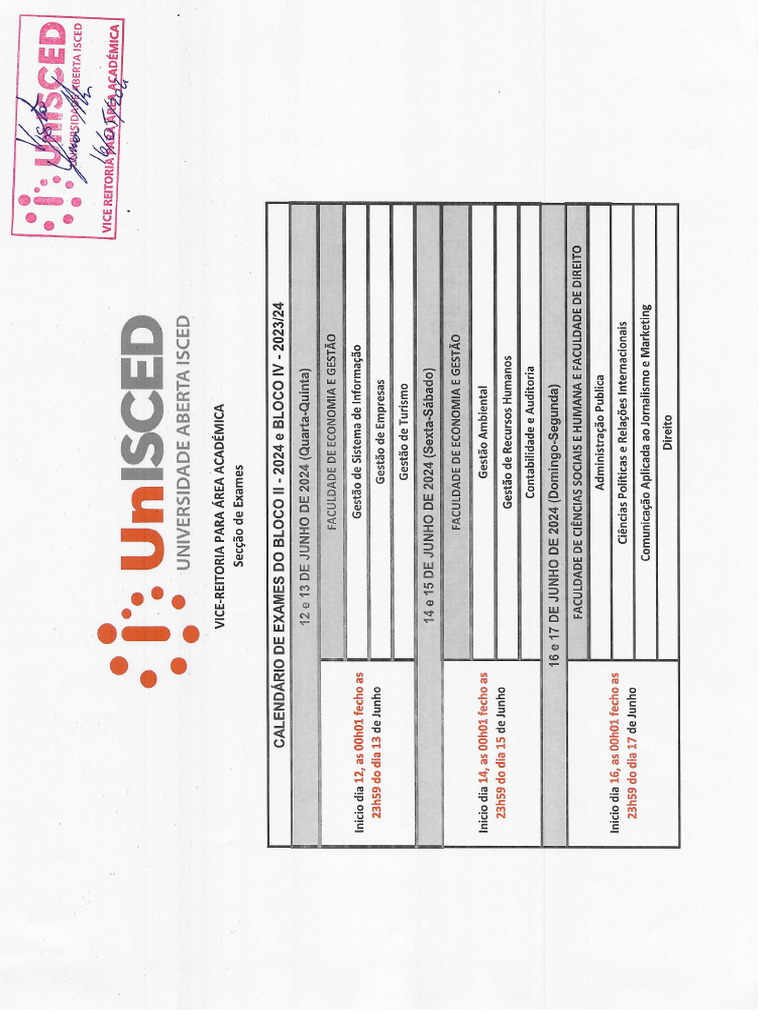 CALENDARIO DE EXAMES BLOCO II e IV - 2024 E 2023-24 | PDF