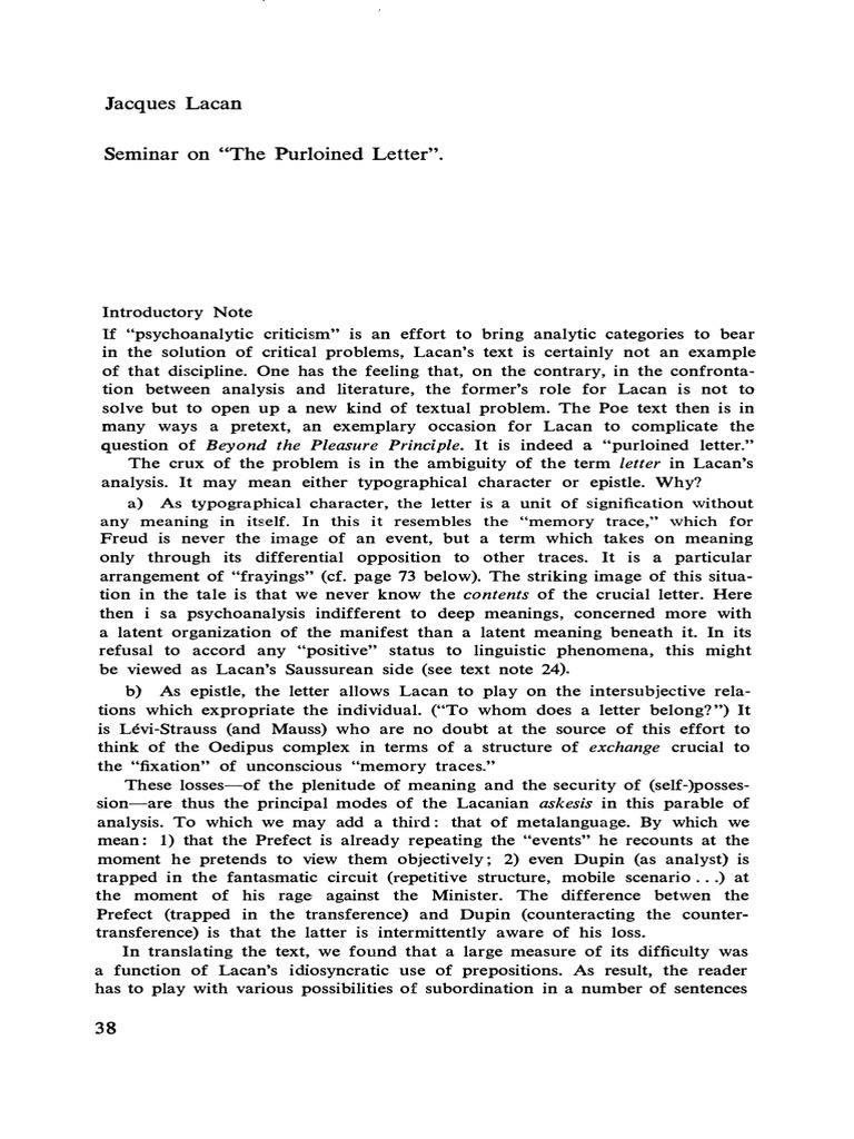 Lacan's Seminar on Poe's Letter | PDF | Jacques Lacan