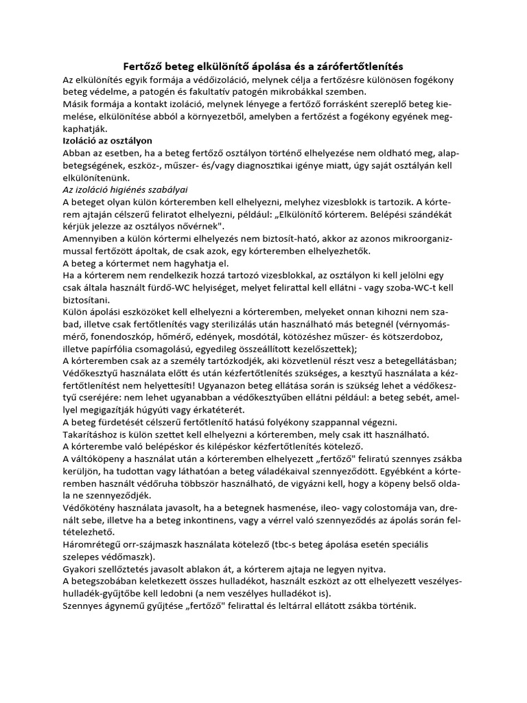 Fertőző Beteg Elkülönítő Ápolása És A Zárófertőtlenítés | PDF