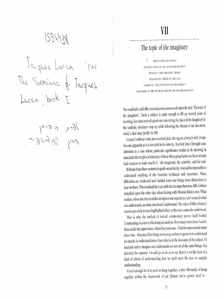 Lacan Jacques - The Topic of The Imaginary | PDF | Id | Optics
